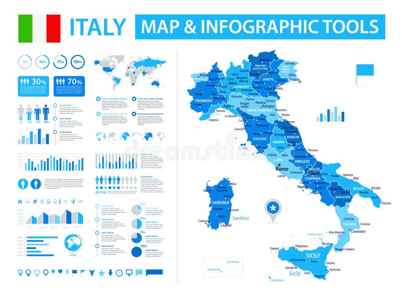 Italy Infographic Map with Data Visualization Elements - Vector Map of ...