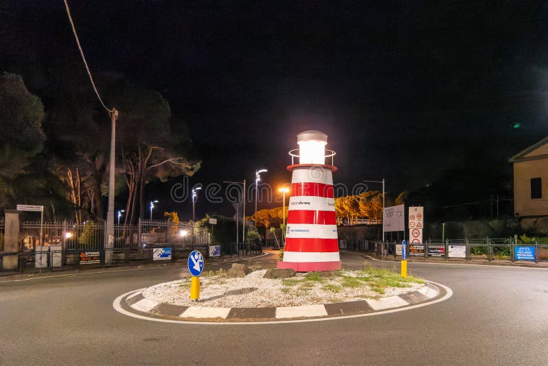 Italy, La Spezia, Roundabout with a Lighthouse at Night Editorial Image ...