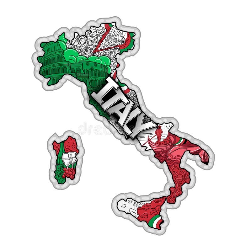 Italy Map in Hand Drawn Doodle Style with Main National Values. Stock ...