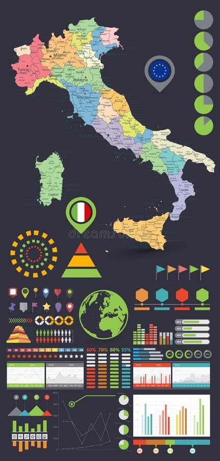 Italy Map and Infographics Design Elements. on Black Stock Vector ...