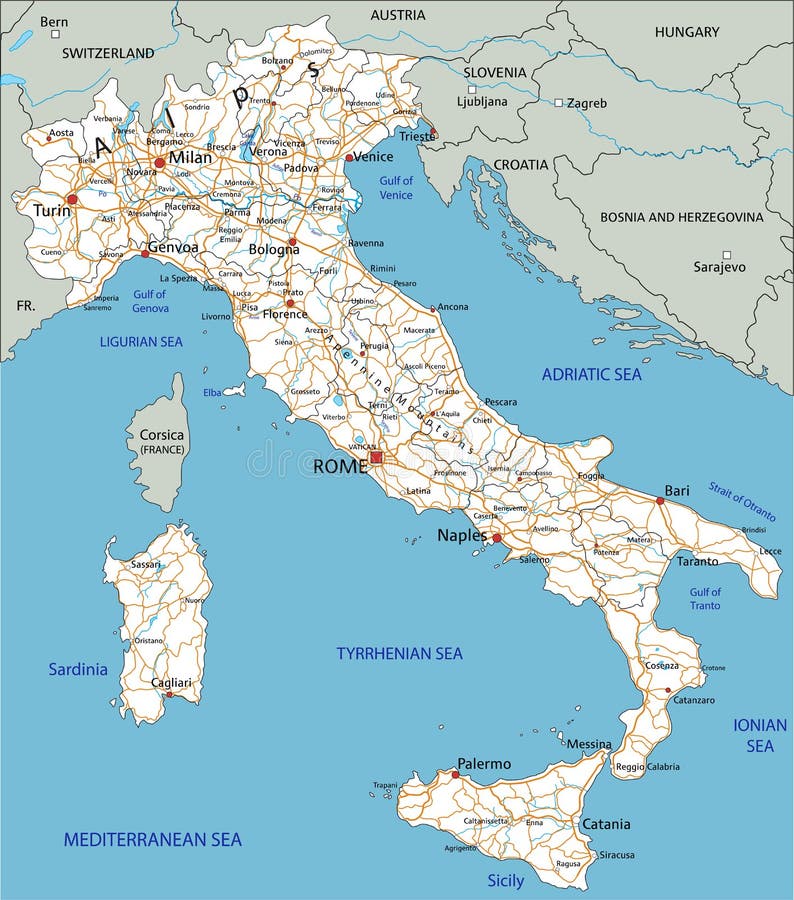 High Detailed Italy Road Map with Labeling. Stock Vector - Illustration ...