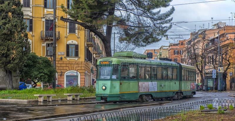 Green Tram in the Streets of Rome Editorial Photography - Image of city ...