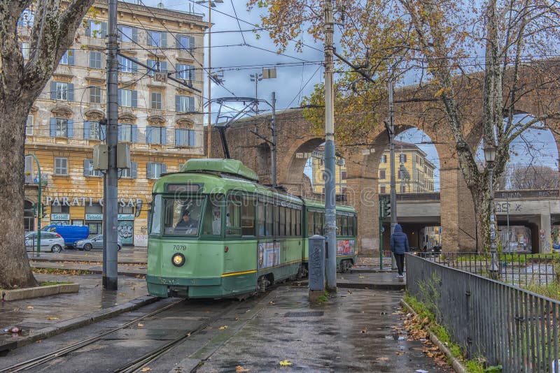 Green Tram in the Streets of Rome Editorial Stock Photo - Image of ...