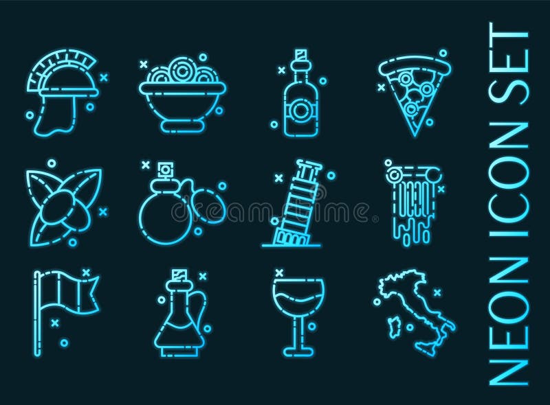 Italy Set Icons. Blue Glowing Neon Style Stock Vector - Illustration of ...