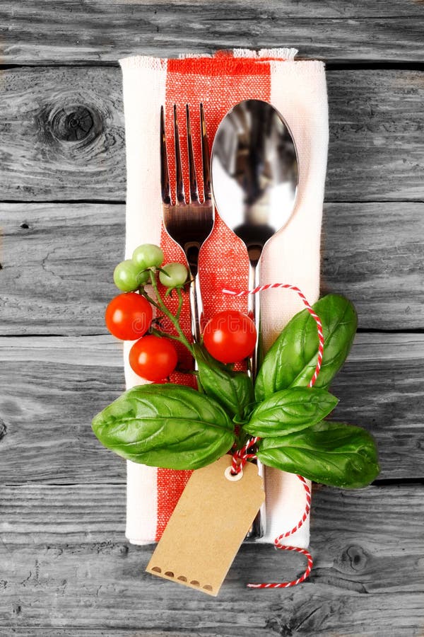 Italy Spoon Fork Designed Tomatoes Basil Tag Stock Photos - Free ...