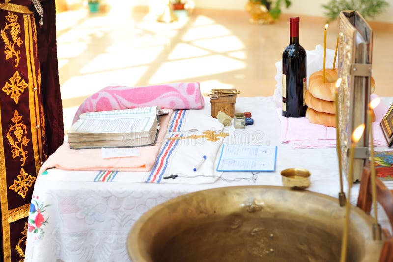 Items for Christening Ceremony on Table in Church. Stock Image - Image ...