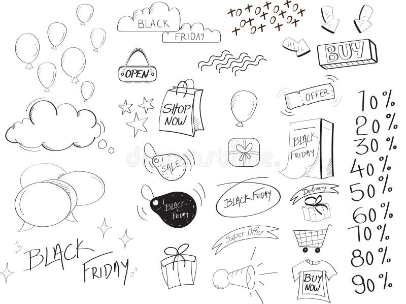 Black Friday Sales Icon Set on White Background in Handwritten Style ...