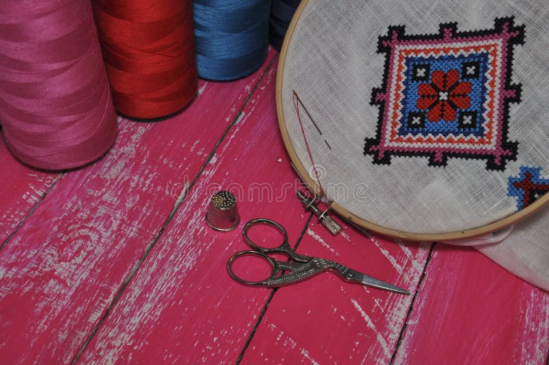 Thread, Scissors, Pins, Fabric Crafts. Stock Image - Image of copying ...