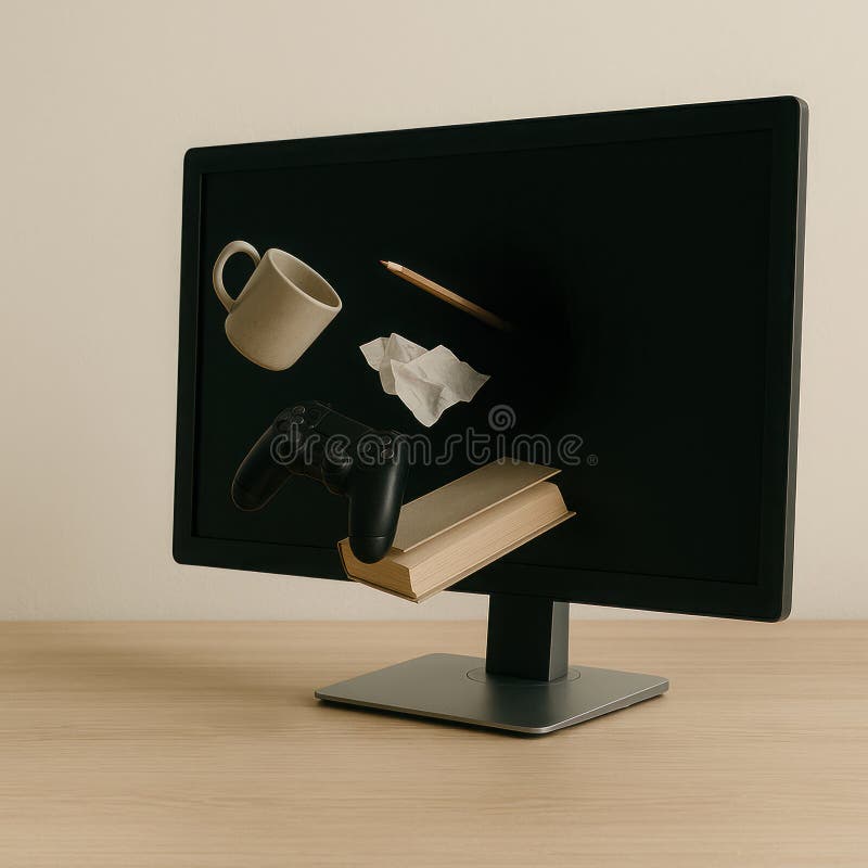 Items Flying Out of the Monitor Screen. Stock Image - Image of ...