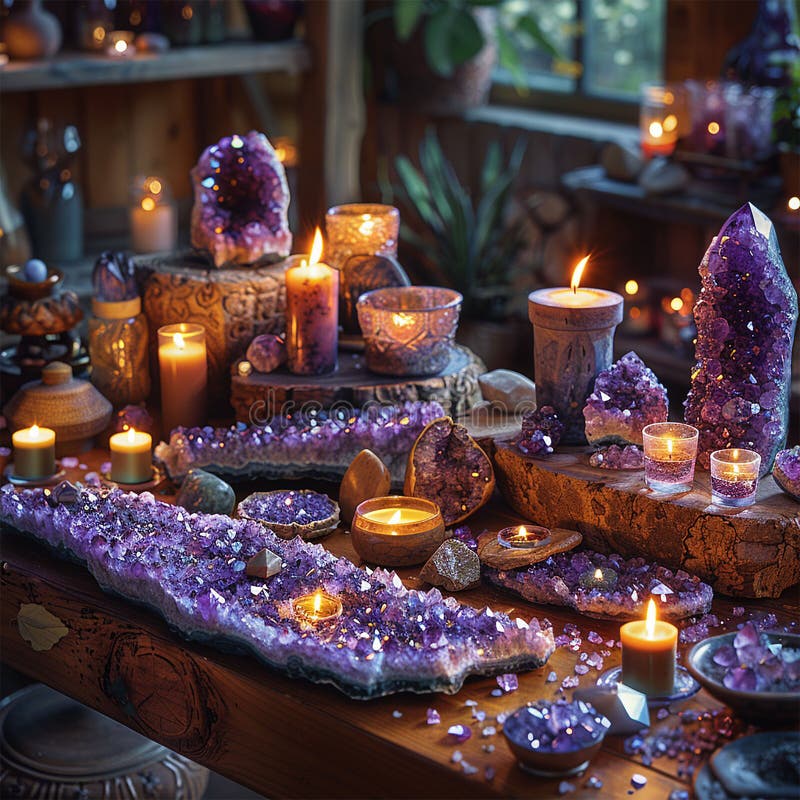 Amethyst Crystals, Candles and Energy Rituals are on the Table Stock ...