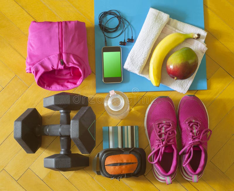 Top View Of Fitness Workout Items On Gym Floor Stock Photo - Image of ...