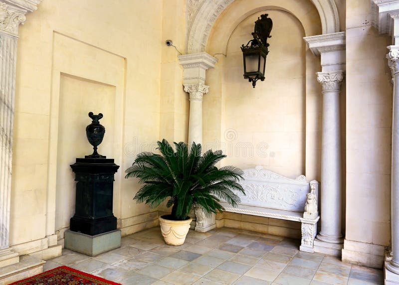 Iterior of White Palace with Arch and Palm Tree Stock Image - Image of ...