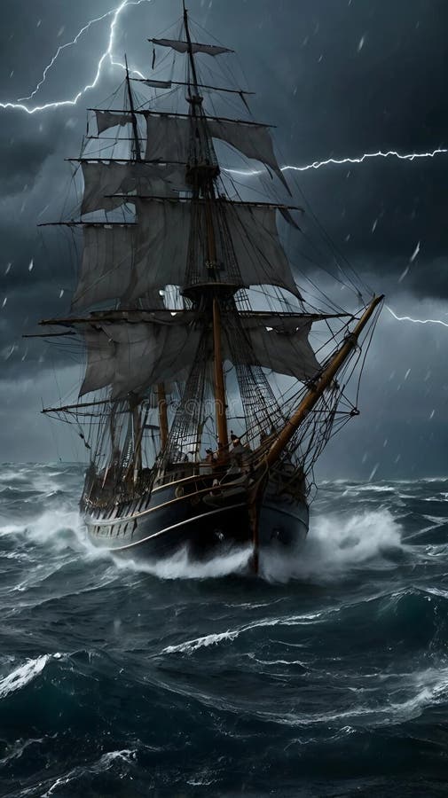 Giant Ship in Thunderstorm and Sky Light Stock Illustration ...