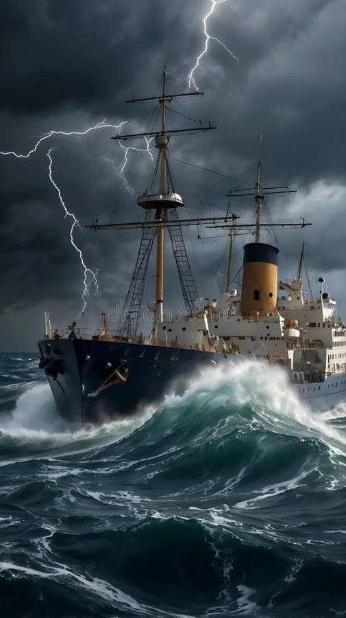 A Ship in Thunder Storm and Sky Light Stock Illustration - Illustration ...