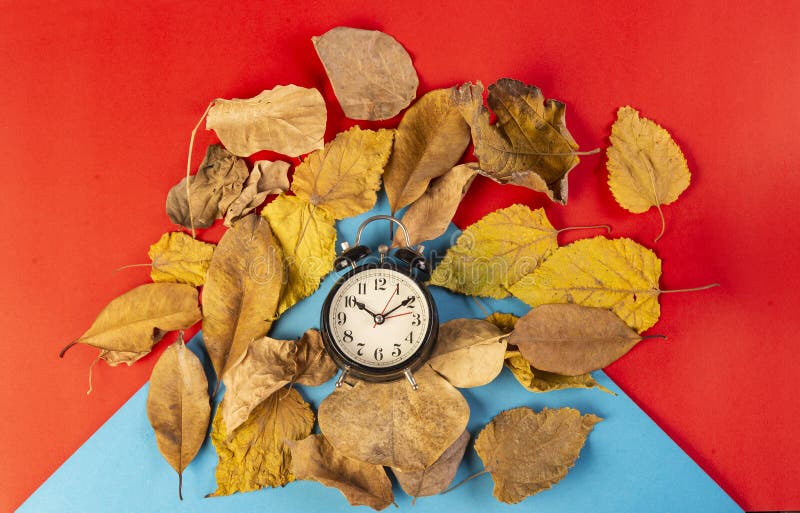 Its Autumn Time Theme with Yellow Leaves and Clock on Red Banner ...