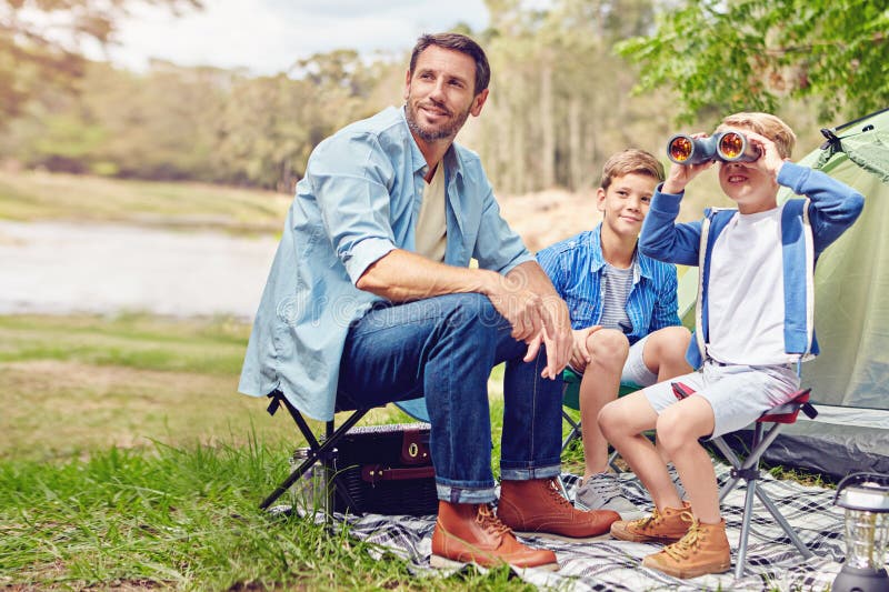Its Guy Time. a Father and His Two Sons Out Camping in the Woods. Stock Photo - Image of camp ...