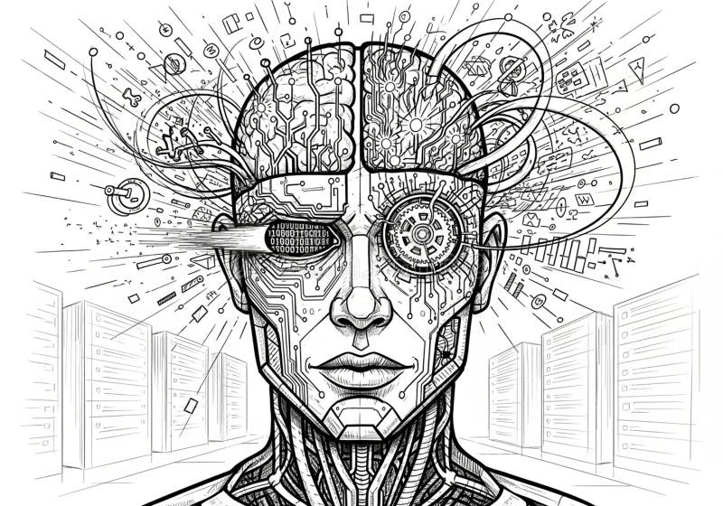 Its Head is Detailed with Circuit Patterns, a Gear-like Eye, and Binary ...