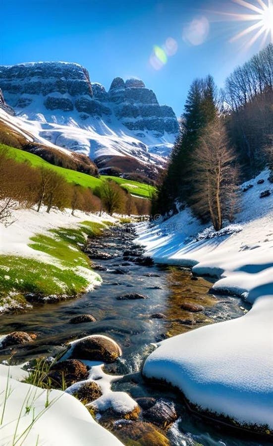 A Mountain River with Snow Created by Ai Stock Image - Image of nature ...