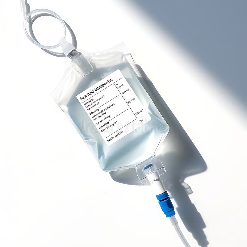 An IV Drip Bag with Clear Fluid and Attached Tubing Lying Flat on a ...