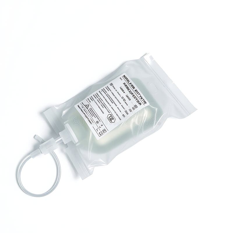 An IV Drip Bag with Clear Fluid and Attached Tubing Lying Flat on a ...