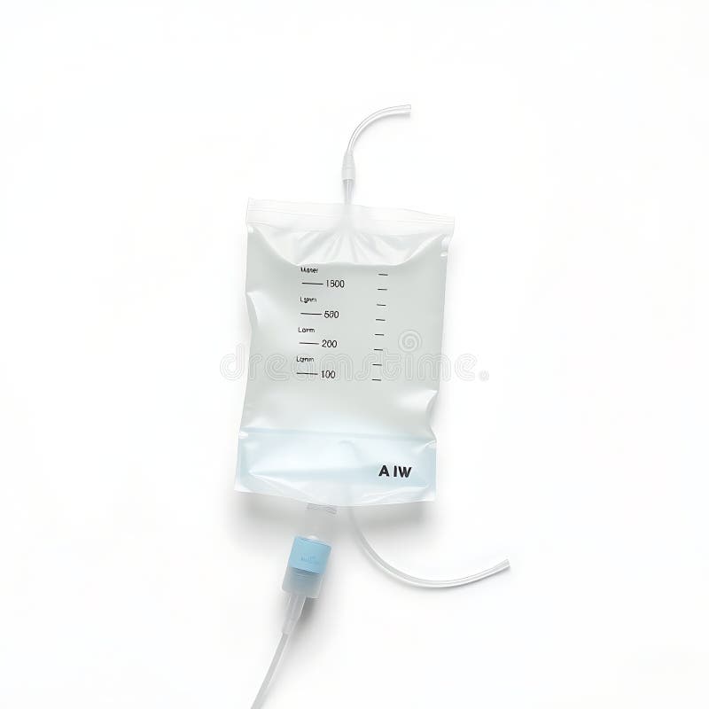 An IV Drip Bag with Transparent Liquid and Attached Tubing Lying Flat ...
