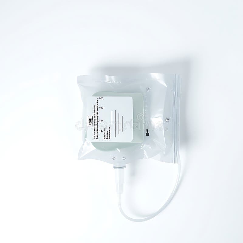 An IV Drip Bag with Transparent Liquid and Attached Tubing Lying Flat ...