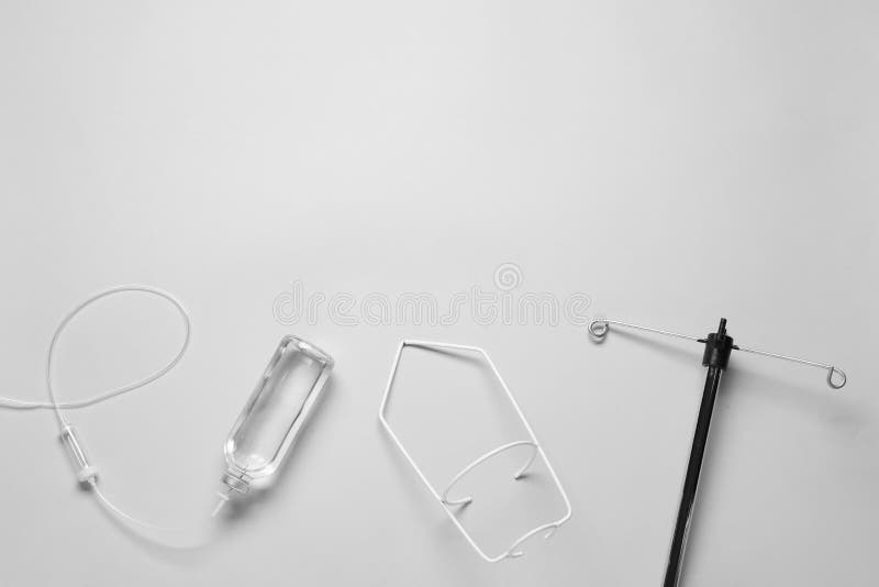 IV Infusion Set on Light Grey Background, Flat Lay. Space for Text ...