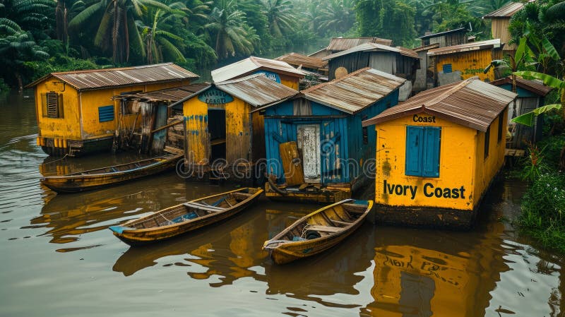 Ivory Coast Delta, Floating Houses on the River Stock Illustration ...