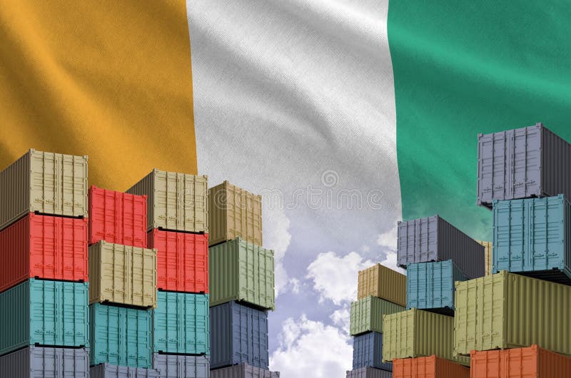 Ivory Coast Flag and Big Stack of Shipping Cargo Containers in Docks ...