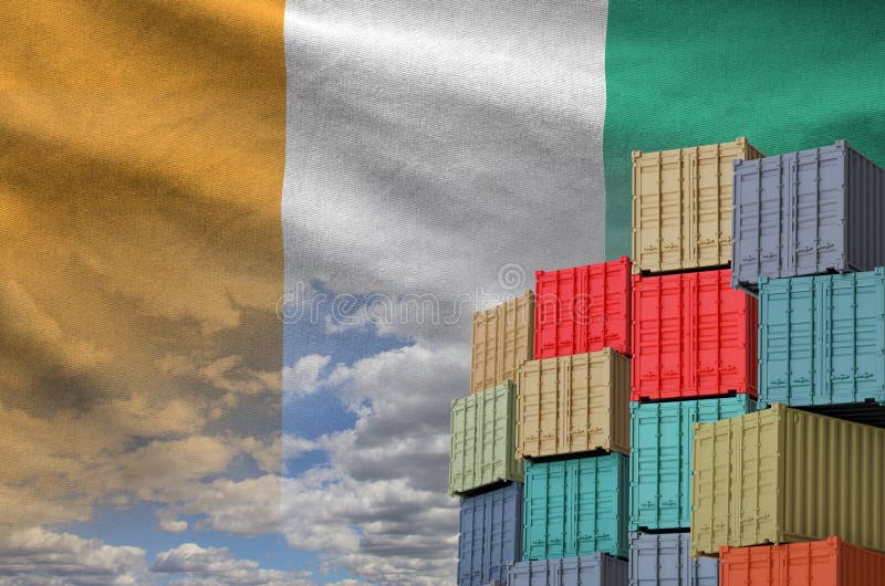 Ivory Coast Flag and Big Stack of Shipping Cargo Containers in Docks ...