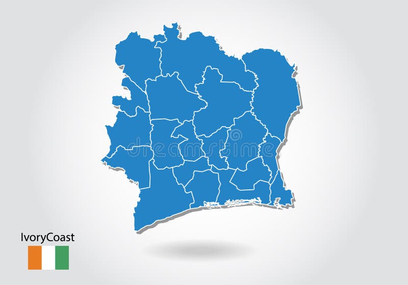 Ivory Coast Map Design with 3D Style. Blue Ivory Coast Map and National ...