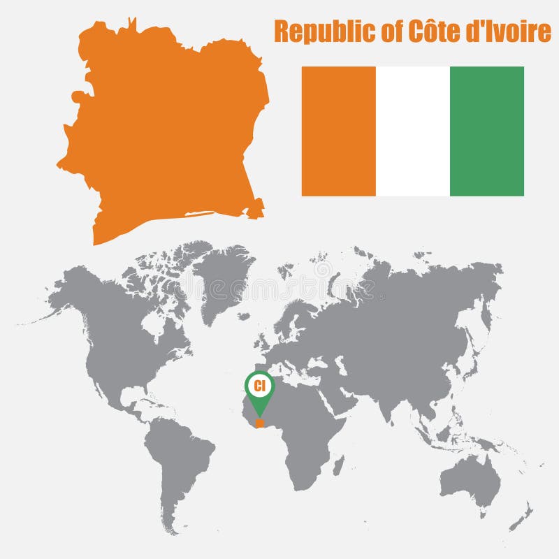 Ivory Coast Map On A World Map With Flag And Map Pointer Vector