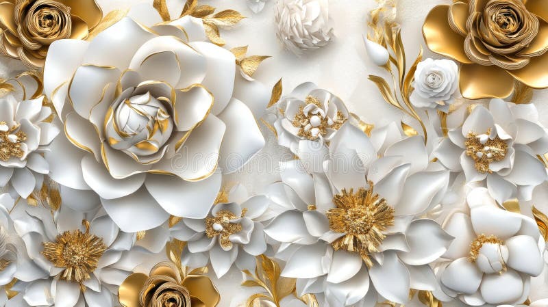 An Ivory Floral Background with Pearls on a Gold Background Stock ...