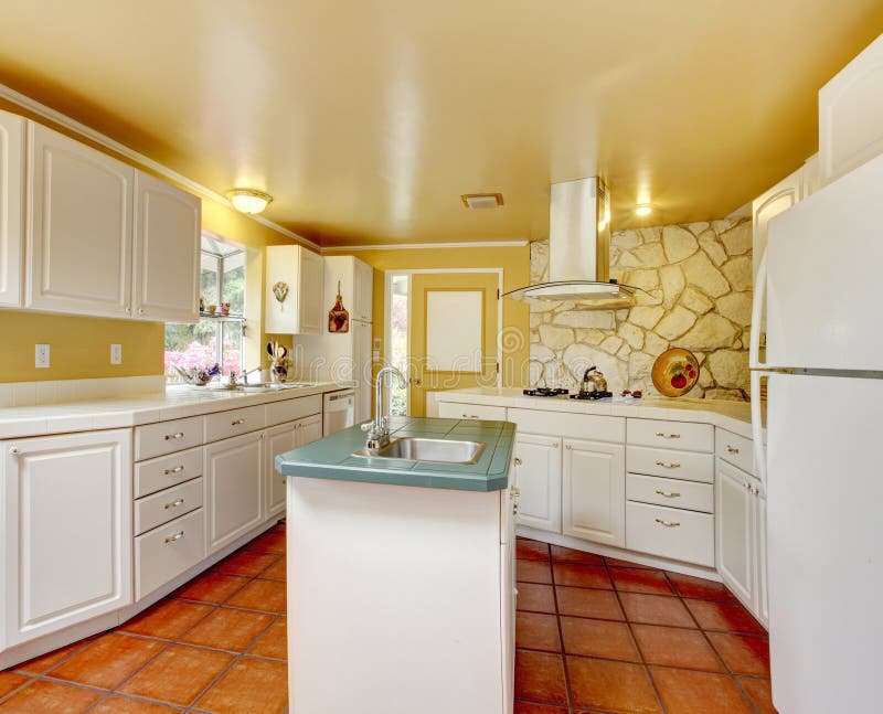 Ivory Kitchen Room with Stone Trim Wall Stock Photo - Image of counter ...