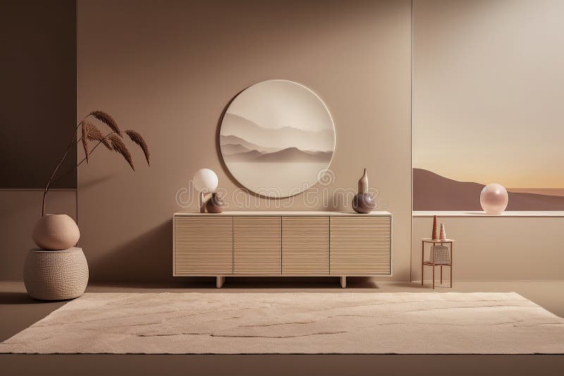 An Ivory Sideboard with a Floor Rug in Front in a Minimalistic ...