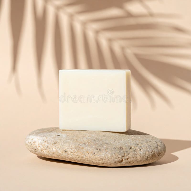 Ivory Soap Bar on Smooth Stone with Palm Leaf Shadow on Beige Backdrop ...