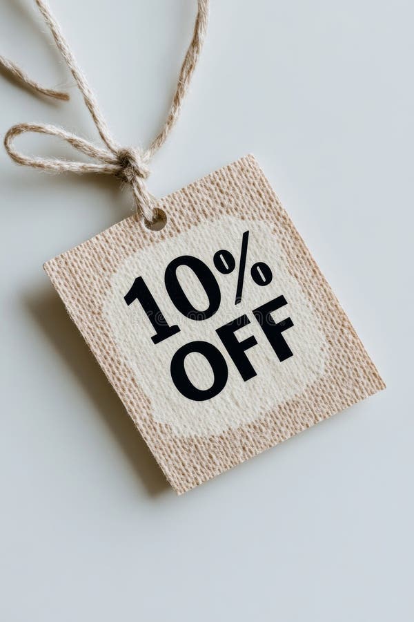 Ivory Square Gift Tag with String and 10 OFF Text, Isolated on White ...