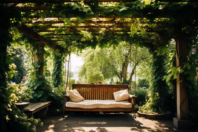 Ivy-covered Pergola Over a Seating Area Watercolor Stock Illustration ...
