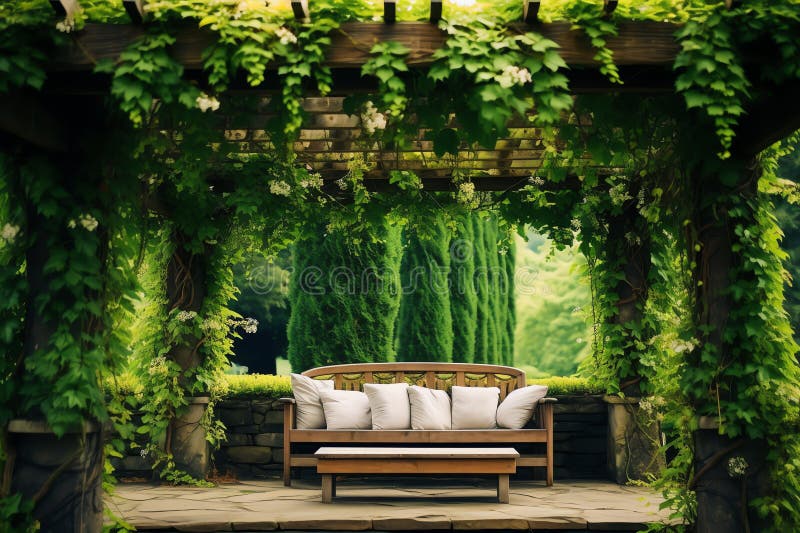 Ivy-covered Pergola Over a Seating Area Watercolor Stock Illustration ...
