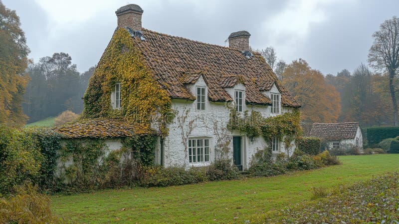 Ivy-Covered Cottage in Autumn Stock Photo - Image of building, foliage ...