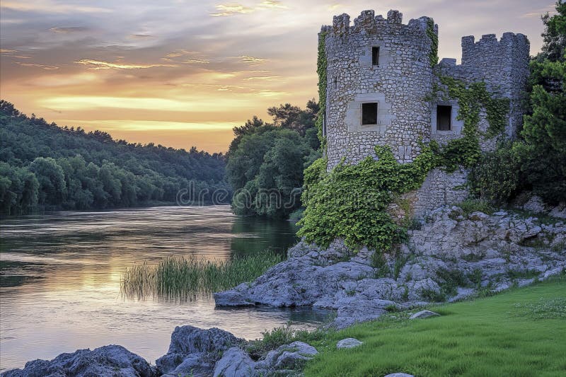 Ivy-covered Stone Tower by a Tranquil River at Sunset, Surrounded by ...