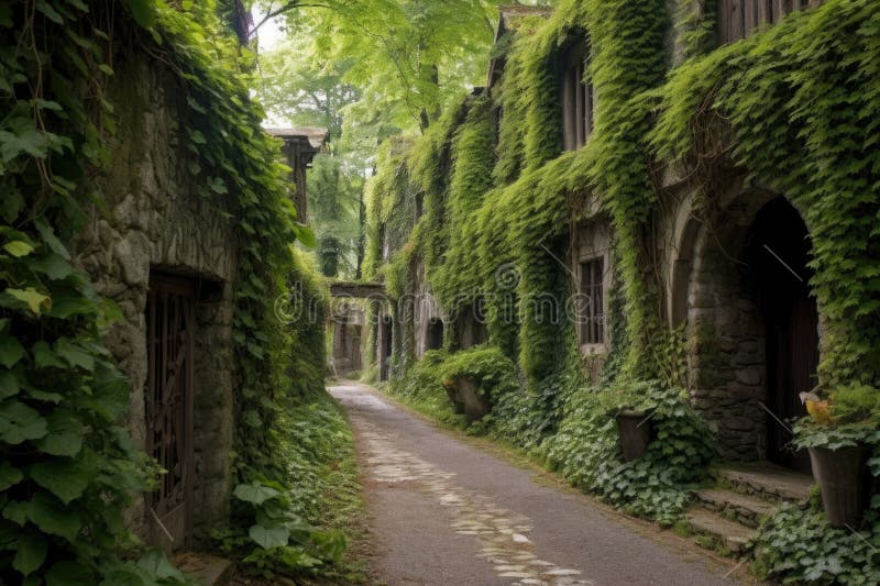 Ivy-covered Walls Lining a Winding Cobblestone Path Stock Illustration ...