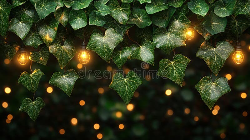 Ivy Leaves Backdrop with Warm String Lights Stock Illustration ...