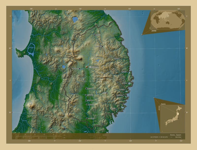 Iwate, Japan. Physical. Labelled Points of Cities Stock Illustration ...