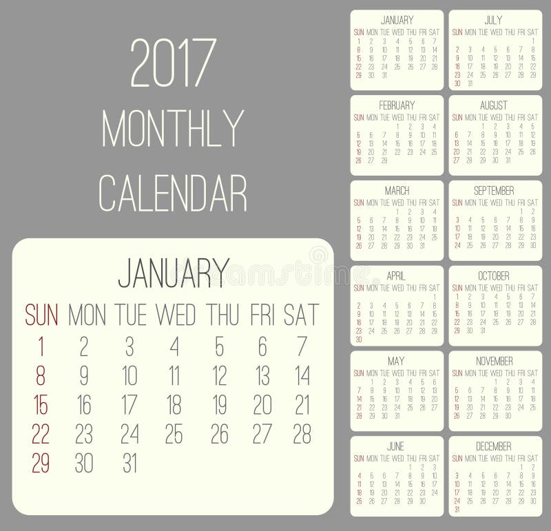 Jaar 2017 Maandelijkse Kalender Vector Illustratie - Illustration of ...