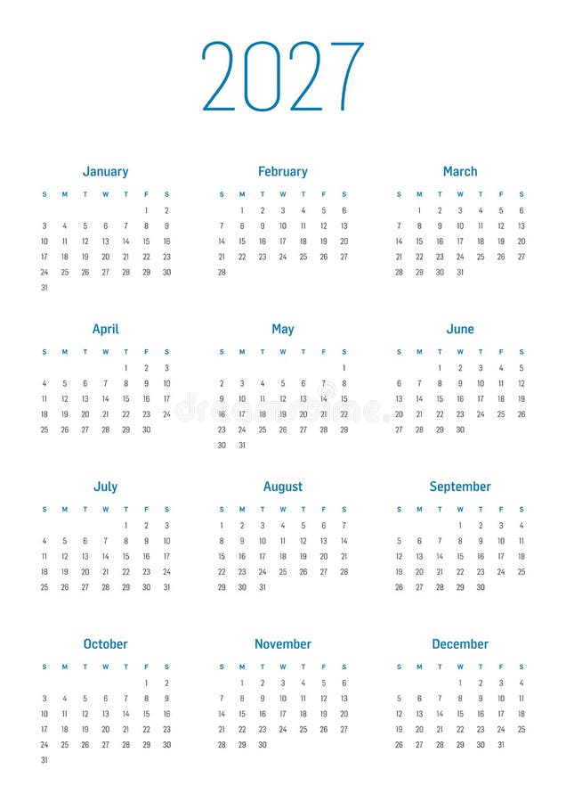 Jaarkalender voor 2027 vector illustratie. Illustration of week - 180967554