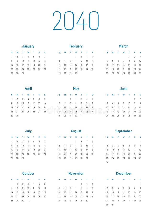 Jaarkalender voor 2040 vector illustratie. Illustration of tijdschema ...