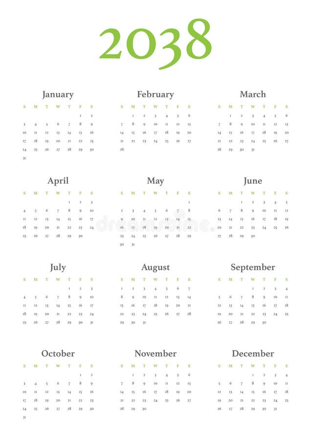 Kalender 2038 Met Weken Vanaf Zondag Vector Illustratie - Illustration ...