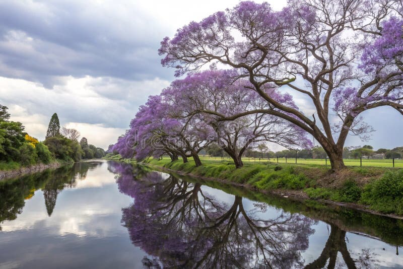 Jacaranda Trees in Full Bloom â€ a Beautiful Reflection in the River Stock Illustration ...