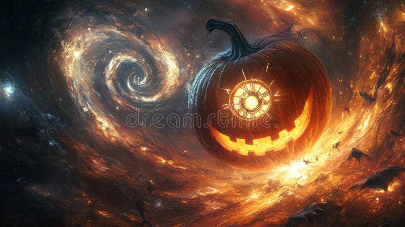 A Jack-o -Lantern with a Clock Face Floating in a Fiery Cosmic Vortex ...